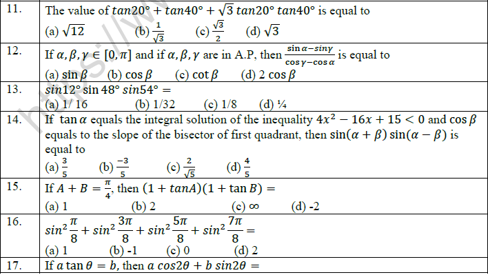 JEE Mathematics Trigonometric Functions MCQs Set D with Answers